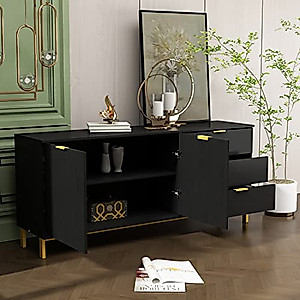 FUFU&GAGA Buffet Sideboard with 3 Drawers & 2 Doors Storage, Buffet Cabinet Sideboard Credenza Coffee Bar Cabinet, Metal Legs, for Dining Room and Living Room (62.9”W x 15.7”D x 27.5”H) (Black)