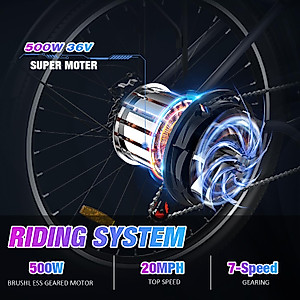 RCB Electric Bike, 500W Electric Bike for Adults, 26" Ebike Adult Electric Bicycles, 55Miles 20MPH Commuting Electric Mountain Bike, 36V 472Wh Battery, 7-Speed, 26" Tires and Front Fork Suspension