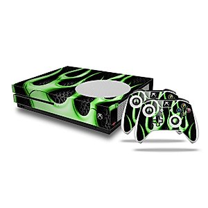WraptorSkinz Decal Vinyl Skin Wrap Compatible with Xbox One S Console and Controllers - Metal Flames Green