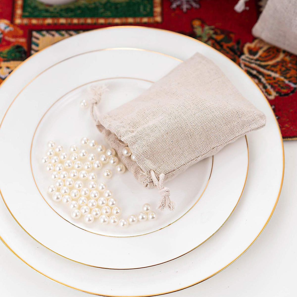 handrong 50pcs Small Cotton Double Drawstring Bags Reusable Muslin Cloth Gift Candy Favor Bag Jewelry Pouches for Wedding DIY Craft Soaps Herbs Tea Spice Bean Sachets Christmas, 3x4 inch