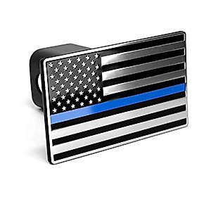 LFPartS USA Flag Metal Trailer Hitch Cover (Fits 2" Receivers, Black & Chrome with Thin Blue line)