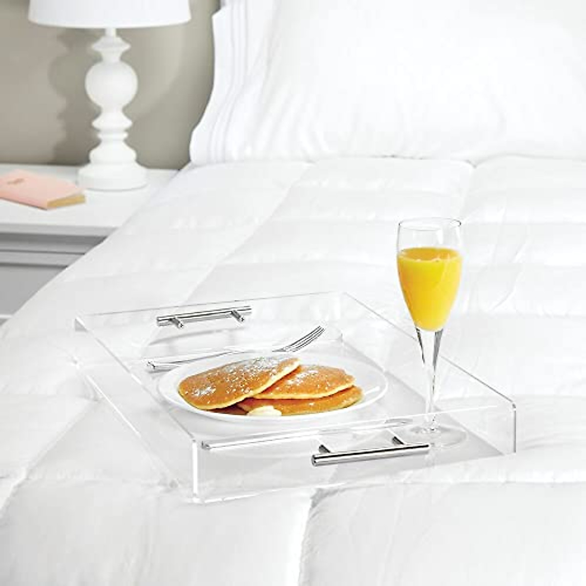 mDesign Modern Acrylic Rectangular Serving Tray with Handles for Food, Tea, Coffee, Breakfast, Snacks, Cheese, Appetizers - Use in Kitchen, Bathroom, Office - Small, 2 Pack - Clear/Stainless Steel