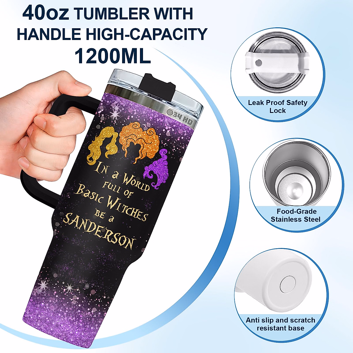 34HD Hocus Gifts for Women, Hocus Tumbler with Handle 40oz Stainless Steel, Witch Brew Tumbler, Christmas Gifts for Movie Lovers, Sanderson Sister Gifts