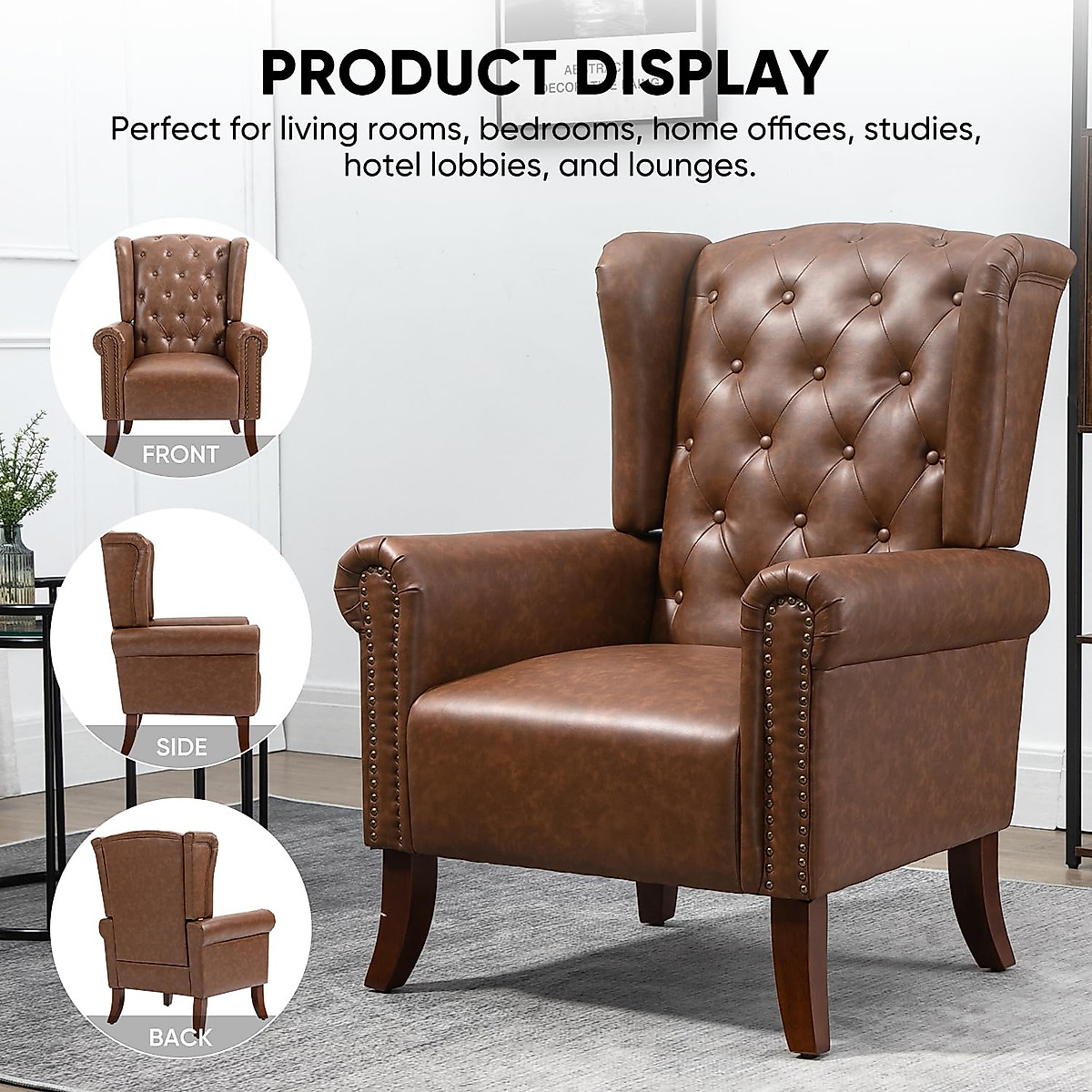 MOJAY Mid-Century PU Leather Accent Chair, Living Room Lounge Sofa Chair with Buttons, Single Club Armchair with Rivet Trim for Bedroom Home Reception (Brown)