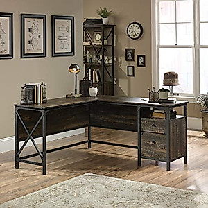Sauder Steel River L-Shaped Desk, L: 59.84" x W: 57.32" x H: 29.53", Carbon Oak Finish
