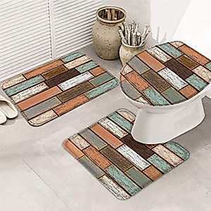 3 Piece Bath Rugs Sets Retro Wood Grain Non Slip Bathroom Carpet Multicolor Old Board Absorbent U-Shaped Toilet Mat, Toilet Lid Cover