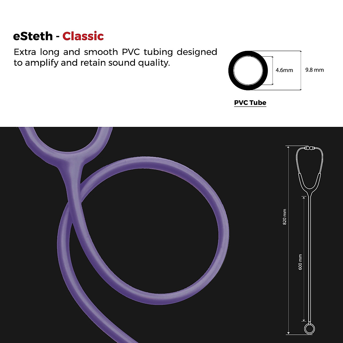 eSteth Classic Stethoscope - Sensitive Chest Piece for Monitoring Amplified Heart & Lung Sounds - Lightweight Design, Flexible Stethoscope Tubing - Extra Ear Tips & Non-Chill Ring - 32" Long, Purple