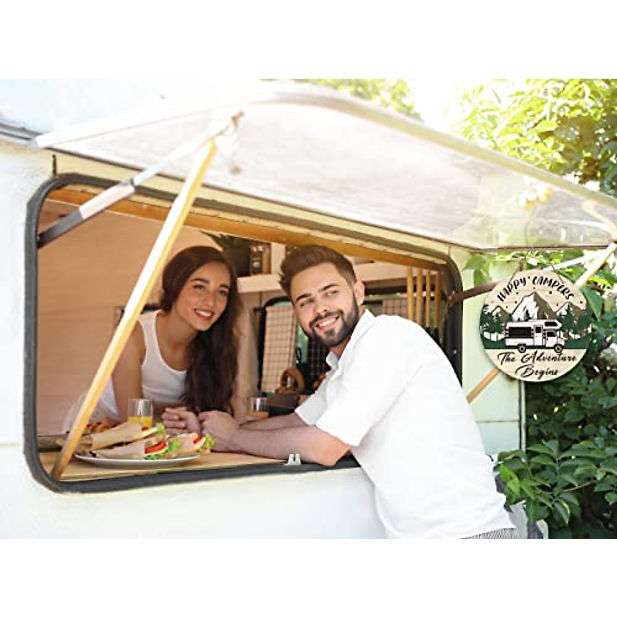 WhatSign Happy Camper Decor Sign 11.5" Farmhouse Camper Decorations Sign RV Accessories for Inside Funny Adventure Camping Hanging Signs for RV Travel Trailers Glamping Camper Wall Window Decor