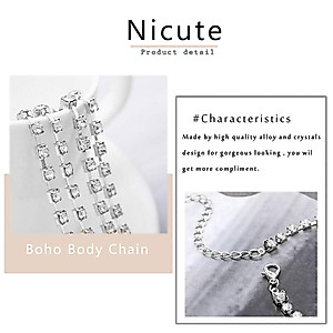 Nicute Boho Rhinestone Body Chain Crystal Bikini Bra Chains Summer Beach Body Jewelry for Women and Girls (Silver)