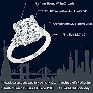 925 Sterling Silver Forever Classic Moissanite from Charles & Colvard Engagement Ring For Women (5.29 Cttw, Cushion 10MM, Available in size 5, 6, 7, 8, 9)
