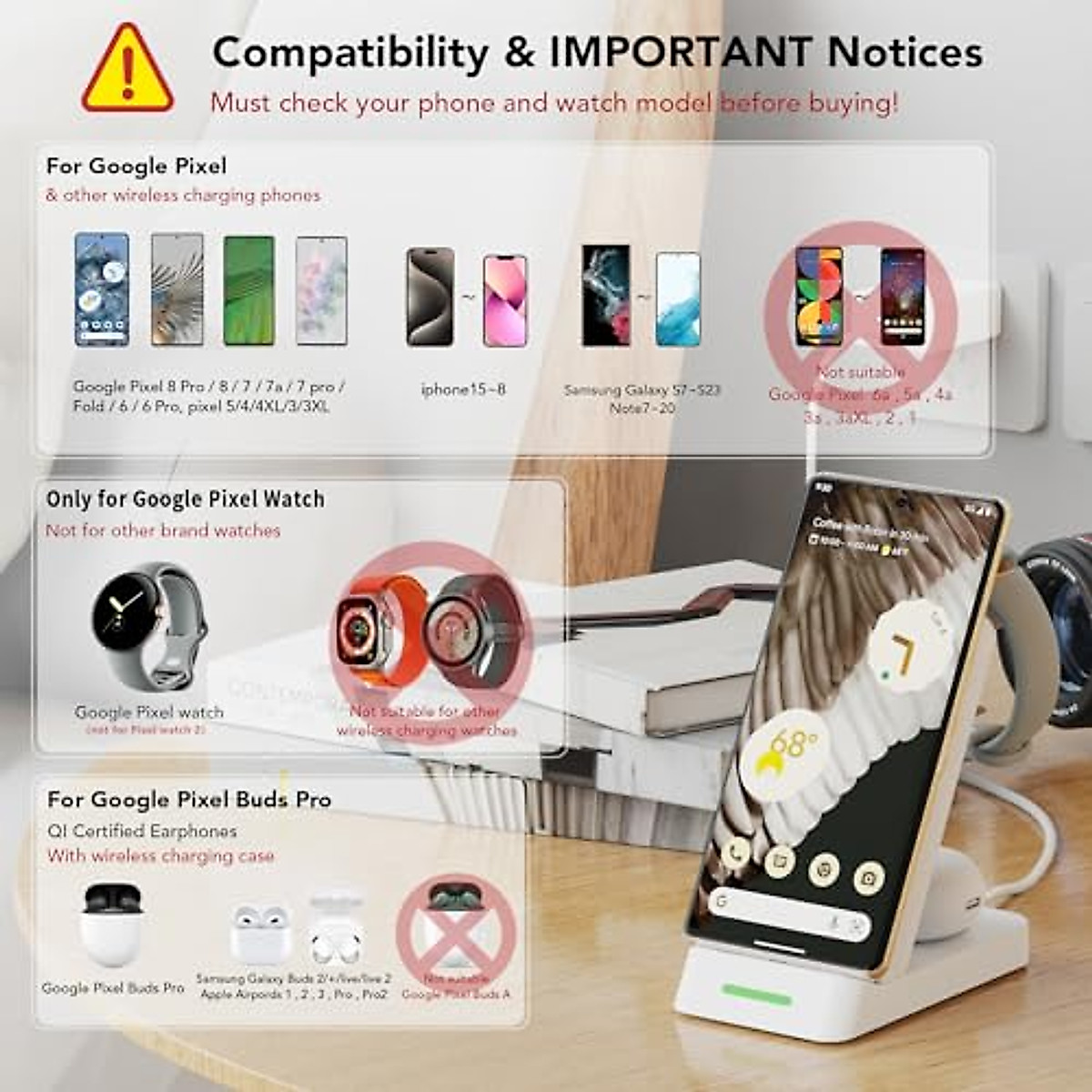 EloBeth 3 in 1 Wireless Charging Station for Google Pixel Watch Charger, Wireless Charger for Google Pixel 8 Pro /8/7 Pro / 7a /7/Fold/6/6 Pro/5/4/3/XL, Pixel Buds Pro iPhone/Airpods(not for Watch 2)