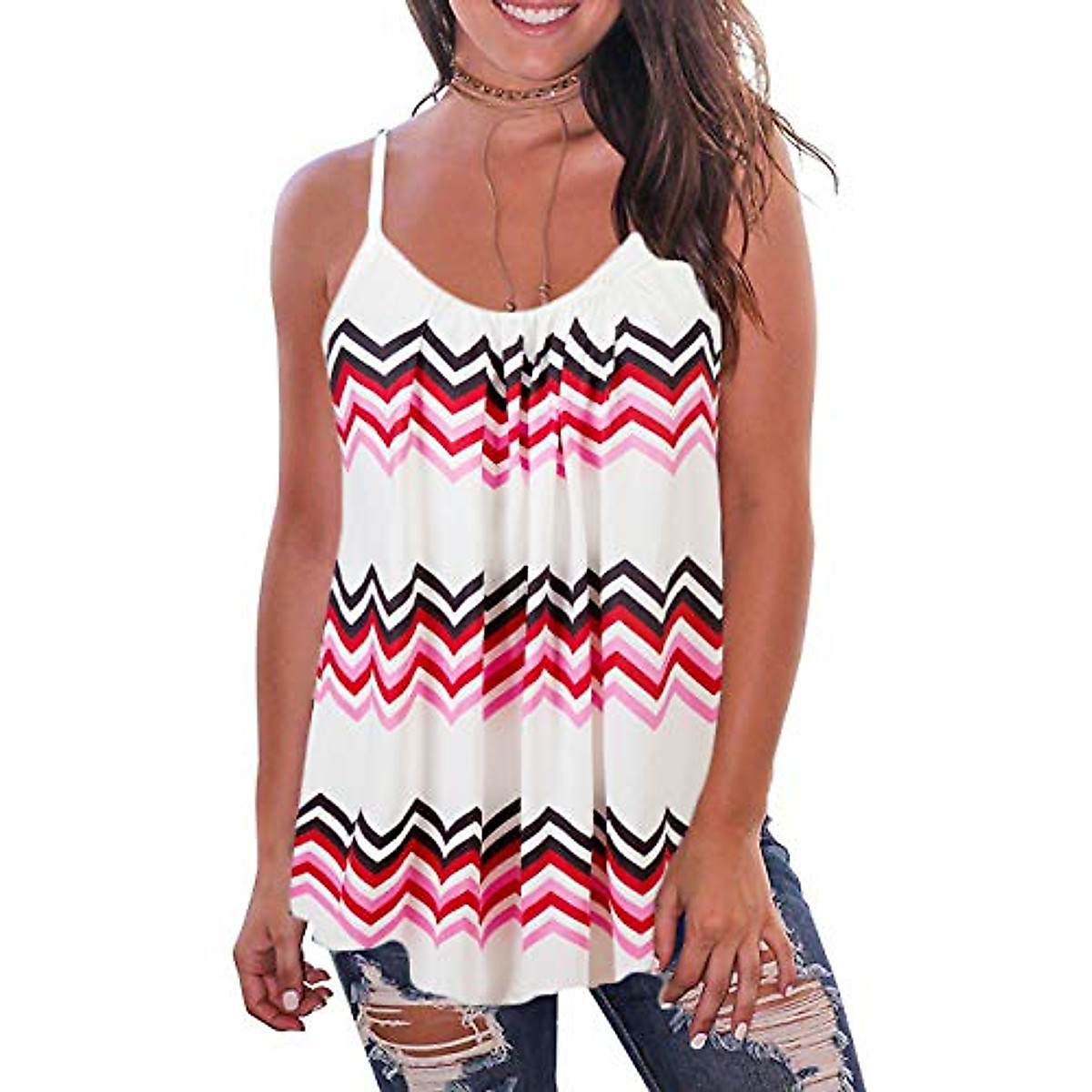 Kaei&Shi Print Long Vest,Flowy Tank Top for Women,Pleated Dressy Loose Cami,Swing Spaghetti Strap Camisole 2X 2XL Plus Size Zigzag White XX-Large