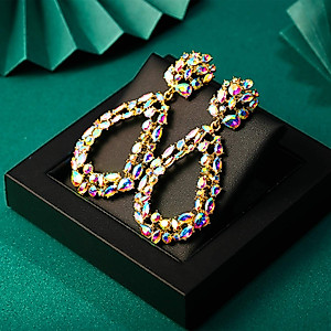 Flyonce Women's Crystal Open Hoop Oval Drop Pierced Dangle Earrings Iridescent Clear AB Gold-Tone