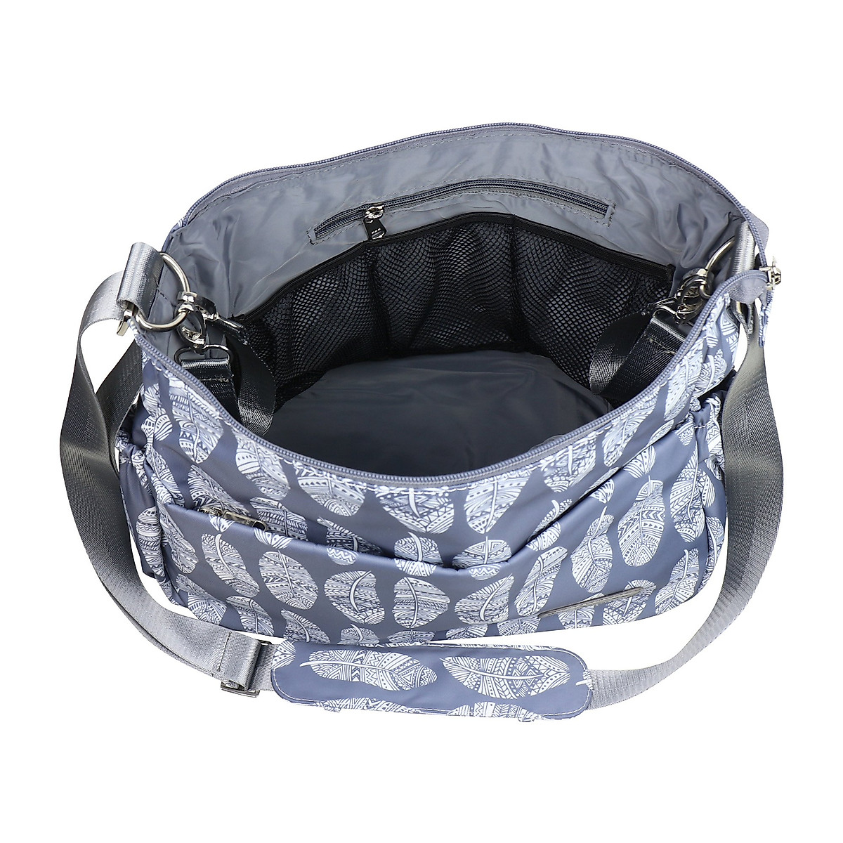 Diaper Bag Purse & matching Changing Pad in Premium Gray Nylon w/ 11 Pockets Insulated for Baby Bottles Silver Tone Hardware Perfect Spacious Crossbody Hobo Bags for Moms Grey Feathers Stroller Straps