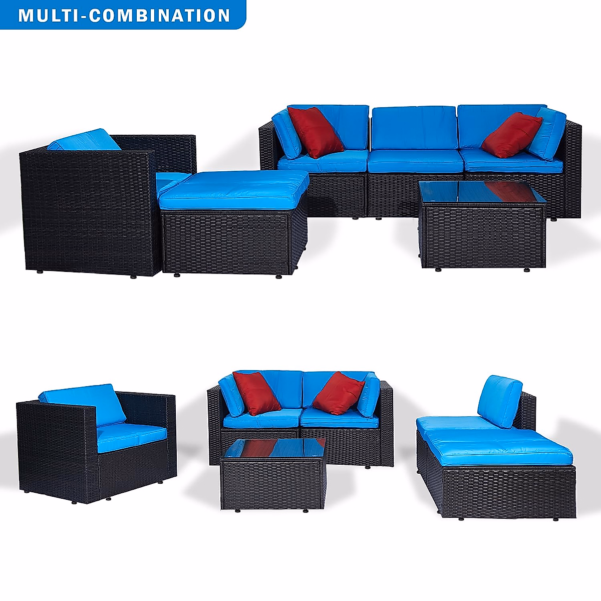 ECOLINEAR 6 Pieces Patio Furniture Set, Outdoor Sectional Wicker Patio Couch, All Weather Rattan Outdoor Furniture with Tea Table and Waterproof Cushions (Blue)