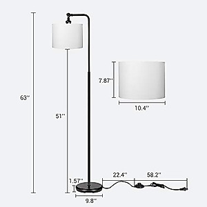 DEWENWILS 63 inch Black Floor Lamp with White Shade, Adjustable Lampshade, Tall Pole Standing Farmhouse Floor Lamp for Living Room, Bedroom, Office, Simple Style