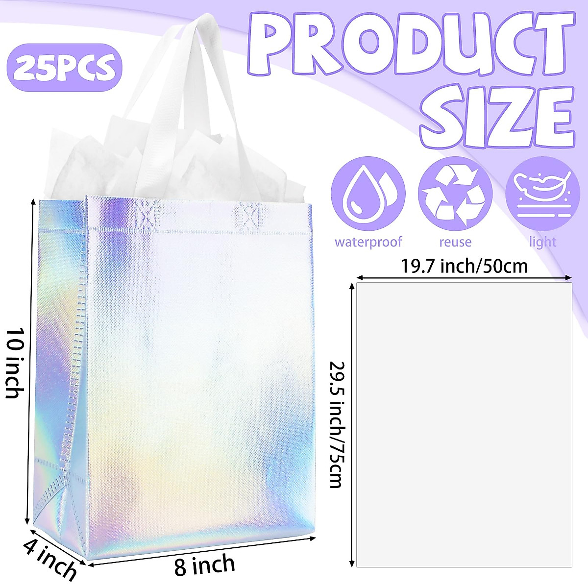ISUSSER 25 Pack Holographic Gift Bags With White Handles Gift Bags with Tissue Papers Non Woven Reusable Handled Gift Bags Glossy Welcome Bags for Shopping Birthday Party Wedding, 8 x 4 x 10 Inch