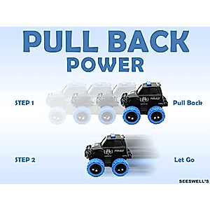 SEESWELL Pull Back Die-cast Alloy City Police Car Vehicles Playset, Monster Truck,Friction Powered Toy Cars,4 Pack,Toys for 3+ Years Old Kids,Christmas/Birthday Gift for Boys & Girls,Party Favors…