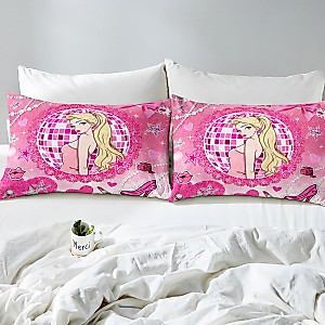 Pink Girly Princess Kids Duvet Cover Set Twin Size,High-heeled Shoes Lip Bowknot Romantic Bedding Set,Beauty Girls Room Decor,Glitter Sequin Diamond Comforter Cover,Dreamy Quilt Cover,1 Pillowcase