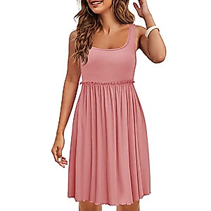 SENSERISE Womens Sleeveless Summer Dress Square Neck Ribbed Knit Sundress Ruffle Flowy Beach Short Mini Tank Dresses(Watermelon Pink,XL)
