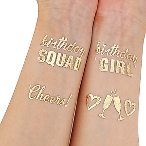 Birthday Tattoos(32Designs),Konsait Metallic Temporary Tattoos for Girls Kids Birthday Party Celebration Accessories-Birthday Girl,Birthday SQUAD,Cheers,Happy Birthday Party Bag Filler Favors Supplies