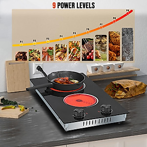 2 Burner Electric Stove, Nefaracy 12 Inch Electric Cooktop with Knob Control, Countertop & Built-in Electrical Stove Top, 2000W Ceramic Cooktop 110V, 9 Heating Level, Residual Heat Indicator, Plug in
