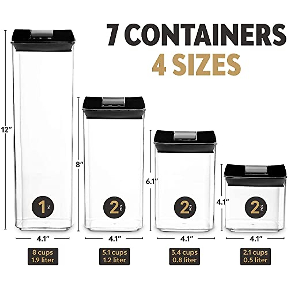 Airtight Food Container - 7 PC BPA Free Plastic Food Storage Containers with Easy Lock Lids - Stackable Sugar, Flour, Cereal & Beans Containers with Labels & Marker included (Lid Black)