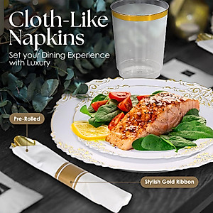 Zulzzy 350 PCS White and Gold Plastic Plates Vintage Design - Includes 50 Dinner Plates, 50 Dessert Plates, 50 Napkins, 50 Cups & Gold Silverware. Ideal for Weddings, Parties & Events.