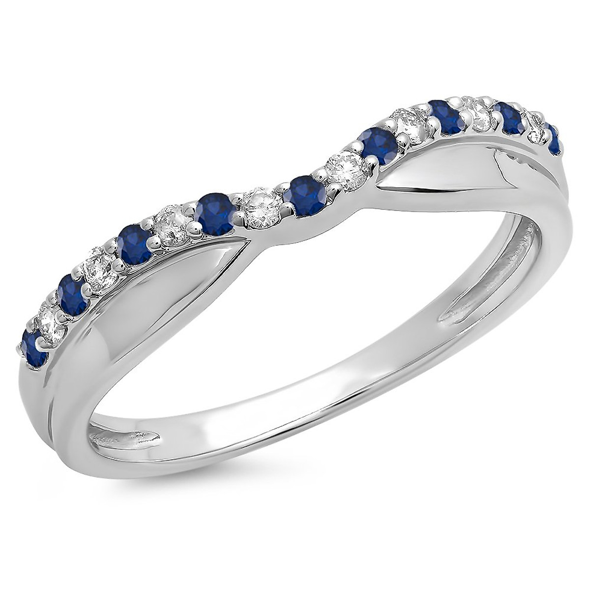 Dazzlingrock Collection Round Blue Sapphire & White Diamond Anniversary Wedding Contour Guard Band in 14K White Gold, Size 7