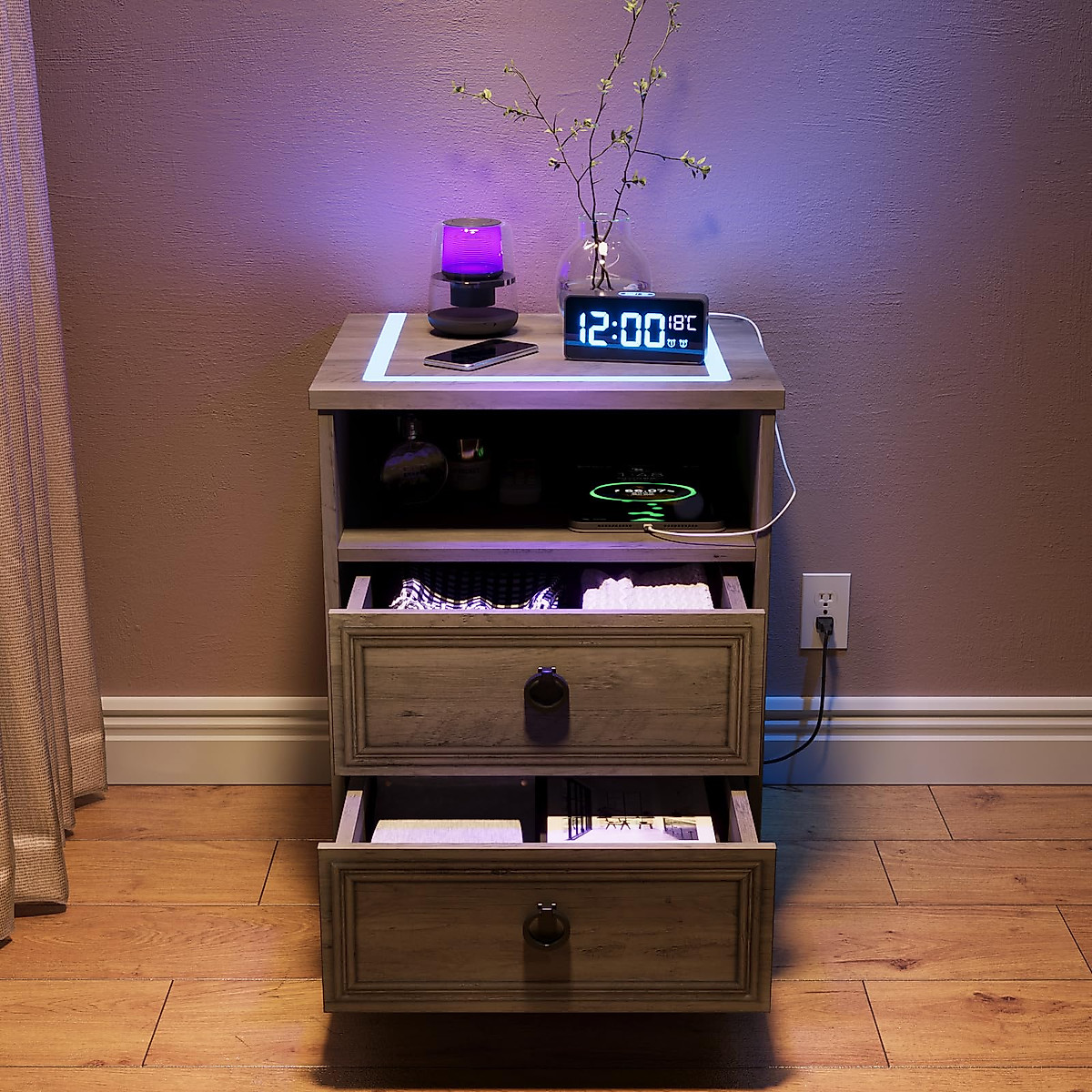 Nightstand with Strip Lights,USB Outlets Set of 2, Night Stand with Drawers, Accent Bed Side Table and End Table with Open Storage for Bedroom, Living Room,Gray