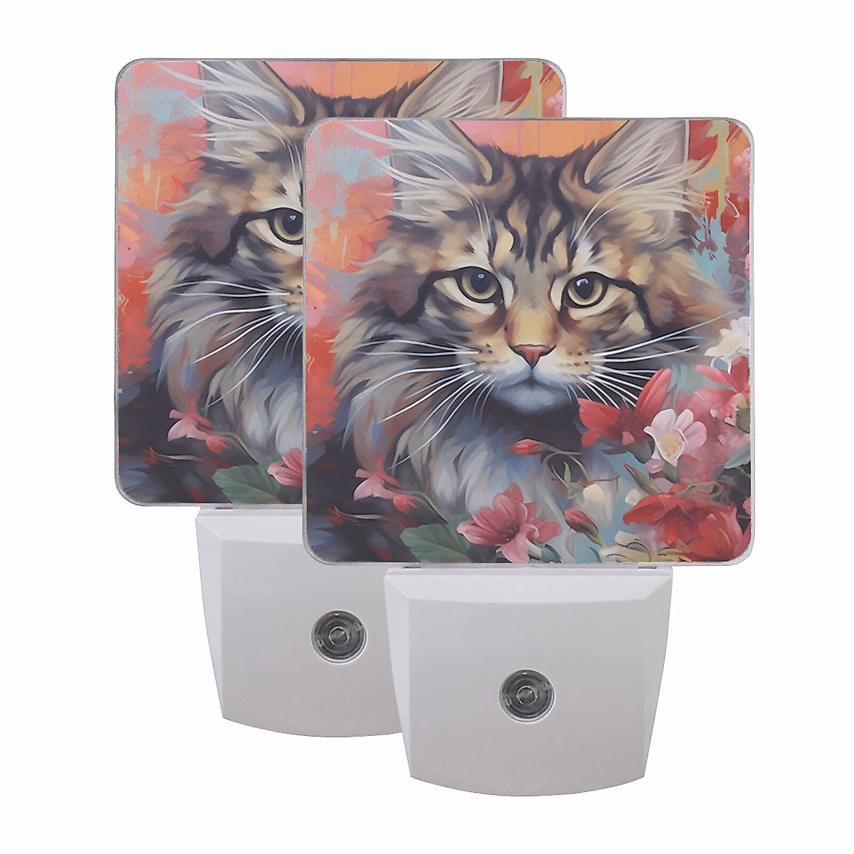 ZENWAWA Painting Longhair Cat Night Light Plug into Wall Decorative Auto Dusk to Dawn Sensor LED Night Lamp 2 Pack 3×4.5×1.4 in