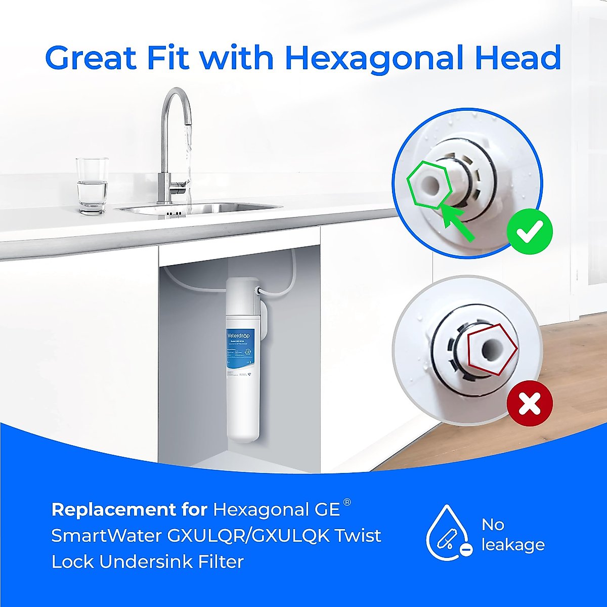 Waterdrop GXULQR Under Sink Replacement Filter, Replacement for Hexagonal Head GE SmartWater GXULQR, GXULQK and GXK140TNN, 2K Gallons (Pack of 2)
