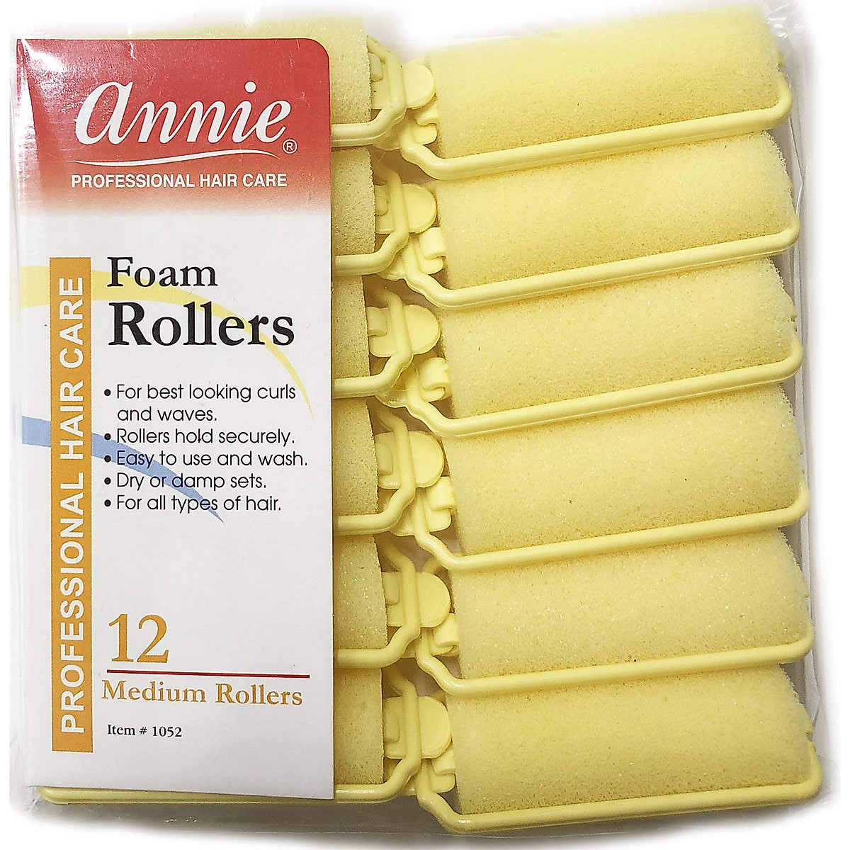 Annie Salon Style Medium Foam Hair Rollers - 7/8" Yellow - 12 Piece Set - Soft Heat-less Hair Curling Tools