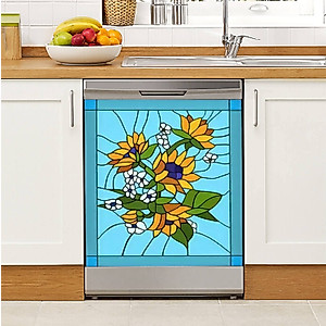 Dishwasher Magnet Cover Flowers and Sunflowers with Buds in Stained Glass Window Magnetic Refrigerator Stickers Decorative Appliance Cover Fridge Panels Metal Door Garage 23x26in