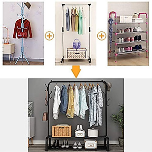 UDEAR Garment Rack Free-standing Clothes Rack with Top Rod,Lower Storage and 6 Hooks,Black