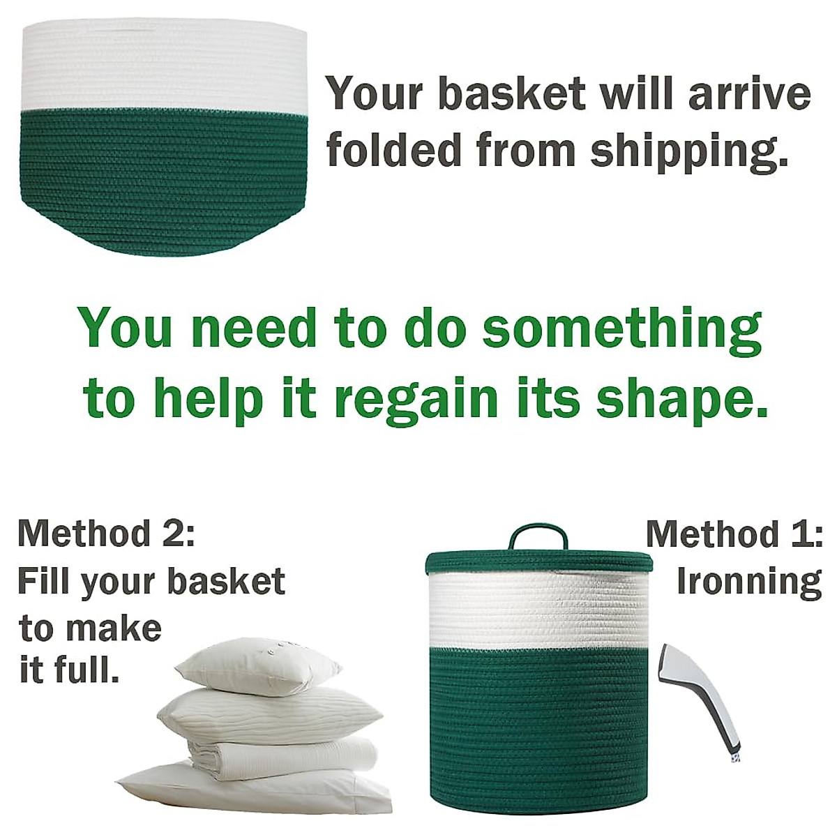 Yimi's Dream Basket with Lid, Medium Woven Baskets for Storage and Organizing, Small Cotton Rope Basket with Handle for Baby Gifts, Laundry, Toy (12''D * 13.5''H, Green & White)