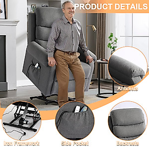 URRED Power Lift Recliner Chair Sofa with Vibration Massage and Lumbar Heat, Designed for Elderly, Infinite Positions, Lumbar Pillow, Side Pockets, USB Ports (Gray)