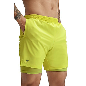Fabletics Men's The Fundamental Short (Lined), Workout, Running, Training, Gym, Yoga, Ultra Lightweight, Athletic, 7" Inseam, XL, Zest