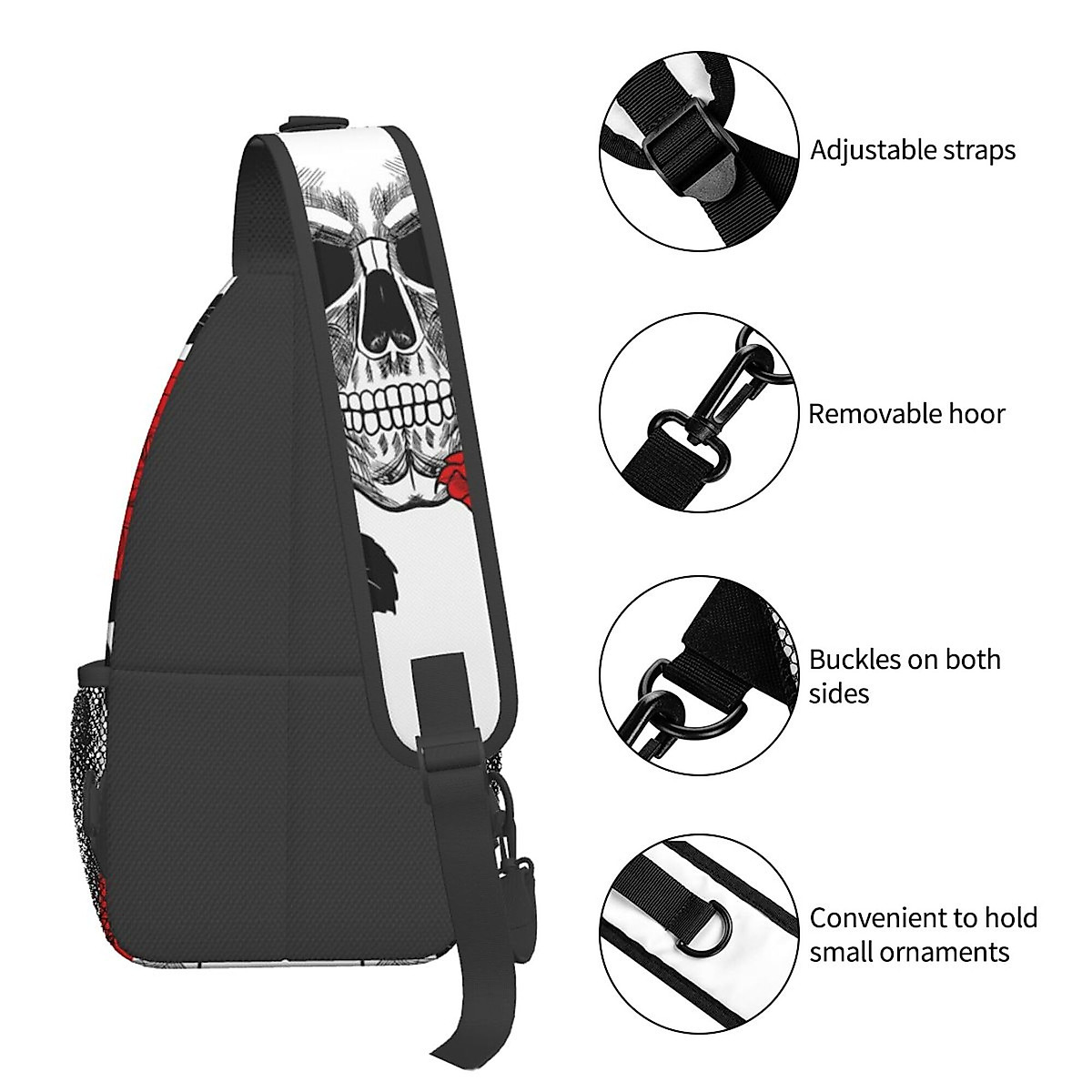 Yamegoun Rose And Skull Unisex Chest Bags Crossbody Sling Backpack Travel Hiking Daypack for Women Men Shoulder Bag for Casual Sport Climbing Runners