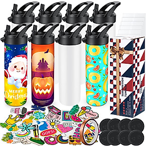 8 Pack 20oz Sublimation Tumbler Set Triple-Insulated Stainless Steel Sports Water Bottle with Straw Lid Blank Sublimation Cup with DIY Stickers, Shrink Wrap, Rubber Base, Heat Tape for Heat Transfer