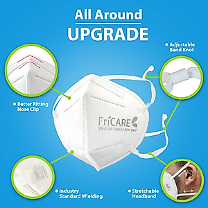 FriCARE KN95 Disposable Face Masks with Headband, 5 Layers Cup Dust Mask with Individual Wrap Against PM2.5 from Fire Smoke, Dust, for Men, Women, Essential Workers, White (12 Pack)