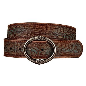Distress Embossed Brown and Teal Leather Belt with Rhinestone Ring Buckle (M)