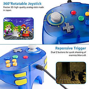 KIWITATA Mini Game Controller for N64 Console, Classic Retro N64 Wired 64-bit Remote Controller Upgraded Joystick Gamepad Replacement Clear Blue