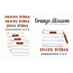 Stylish Diaper Bag Organizing Pouches - XL Set of 4 Gray and White Striped Canvas Diaper Bag Pouches with Leather Embossed Labels, Leather Wristlet Strap & Durable Metal Zippers