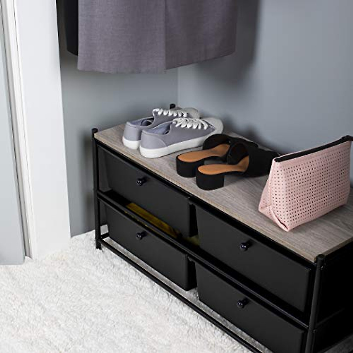 East Bank Designs 4-Drawer Storage Shelf, Matte Black with Wood Grain Laminate Top