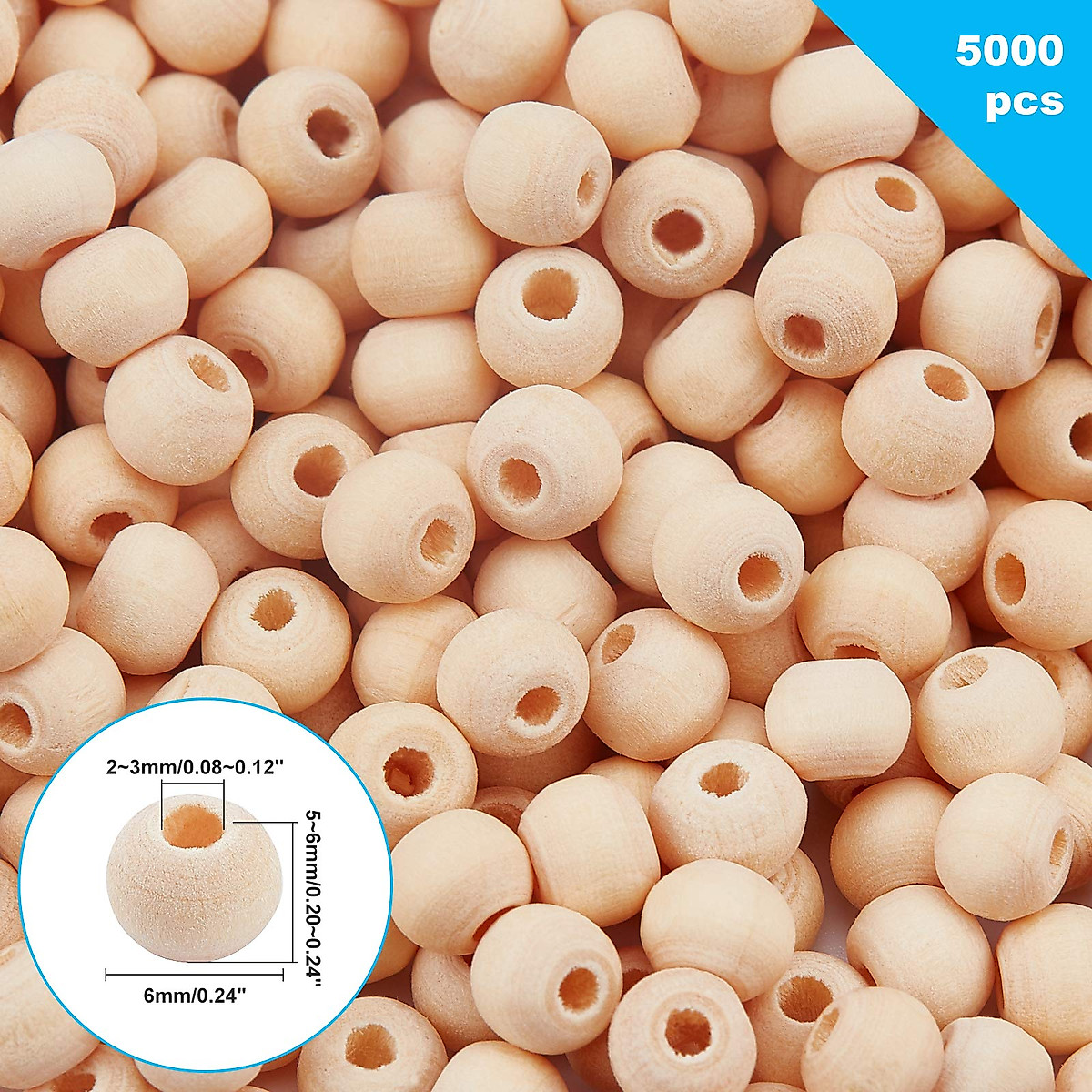 PandaHall 5000pcs Natural Wood Beads Bulk, 6mm Unfinished Wooden Beads Round Loose Beads Smooth Spacer Beads for Bracelet Necklace Jewelry and Crafts Making, Hole 2~3mm