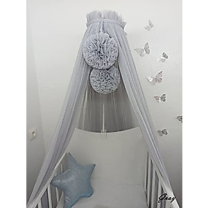 Soft canopy for nursery with holder and pompoms, Kids hanging tent for bedroom, Bed canopy, crib canopy, baby room decor, Nook baldachin (Dusty Pink)