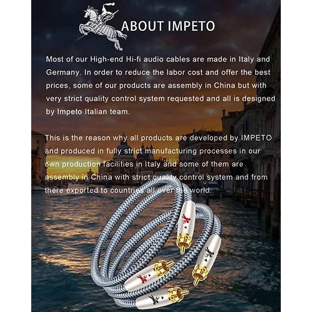 Impeto RCA Cable 2RCA to 2RCA Stereo Audio Cable 24K Gold Plated Connector,2Male to 2Male RCA Cord for Home Theater, HDTV, Amplifiers, Hi-Fi Systems(4.9FT)