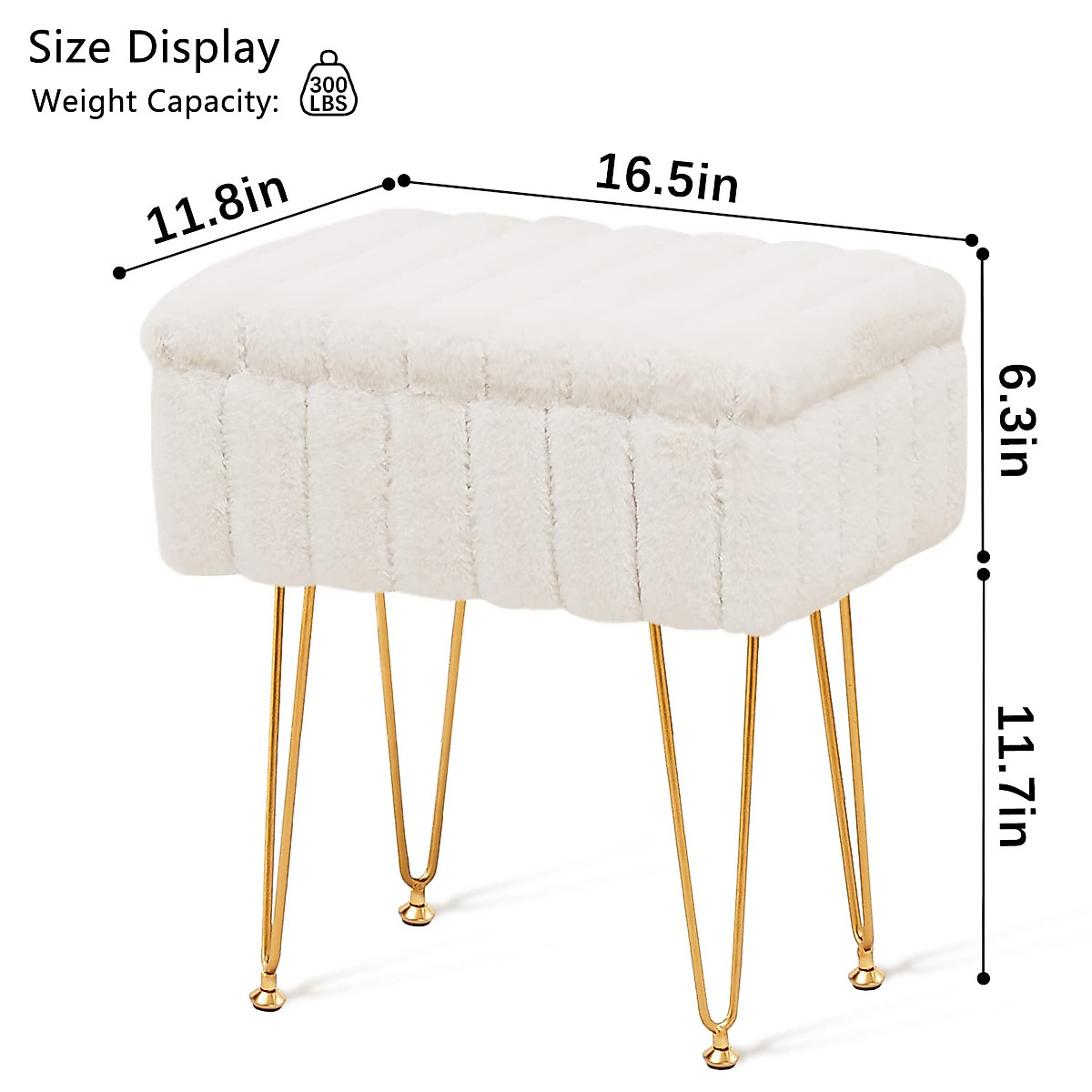 Wimarsbon Storage Ottoman, Vanity Stools with Metal Legs, 16.5" x 11.8" x 18" Modern Faux Mink Fur Footstool, Makeup Chair with Anti-Slip Feet, Accent Table,Footrest,Storage Bench for Bedroom