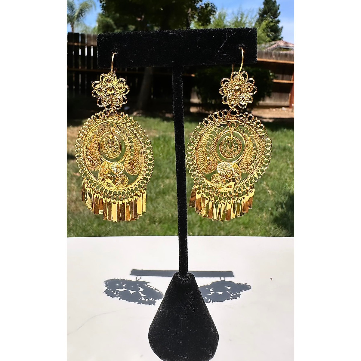 Folklorico Dance Traditional Mexican Gold Filigree Earrings, Flower, Medium, Gold, Day of the Dead, Mexican Earrings